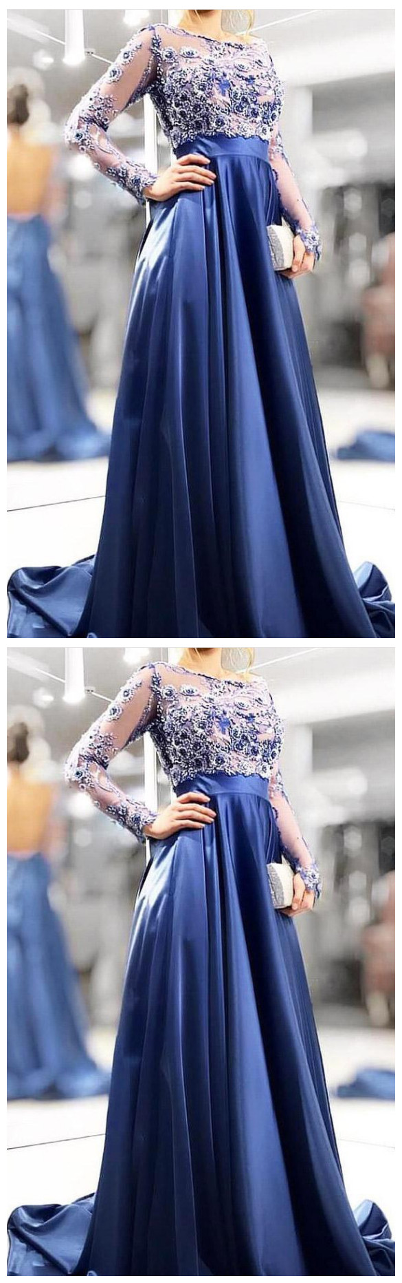 Long Sleeves Appliques Navy Blue Long Prom Dress With Open Back，prom ...