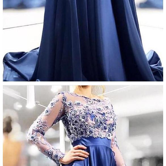 Long Sleeves Appliques Navy Blue Long Prom Dress With Open Back，prom ...