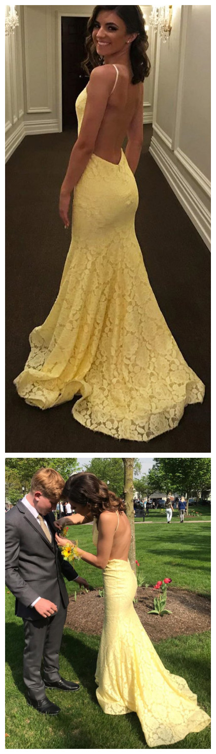Mermaid Open Back Lace Yellow Prom Dress，evening Dress on Luulla